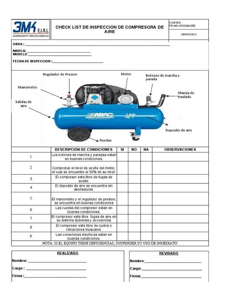 FR-MK-SSOMA-059 Check List de Inspección de Compresora de Aire | PDF ...