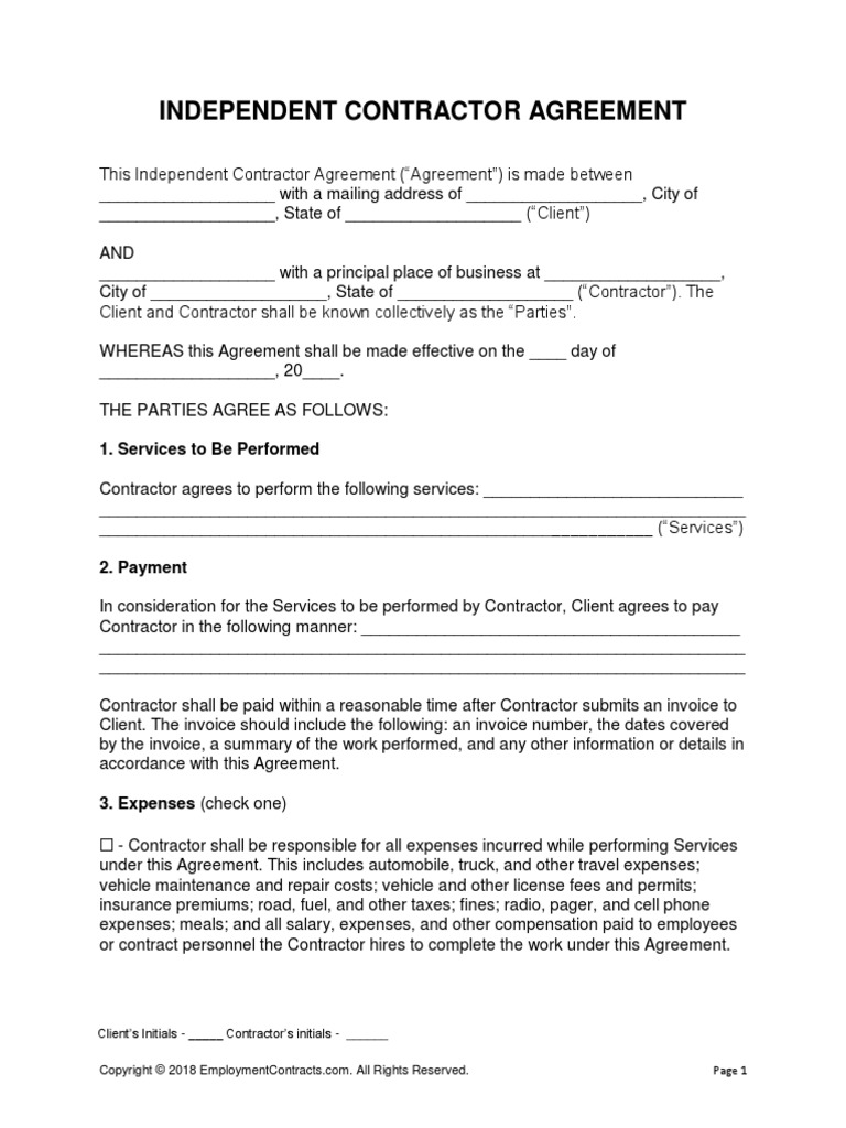 Independent Contractor Agreement Form | PDF | Liability Insurance ...