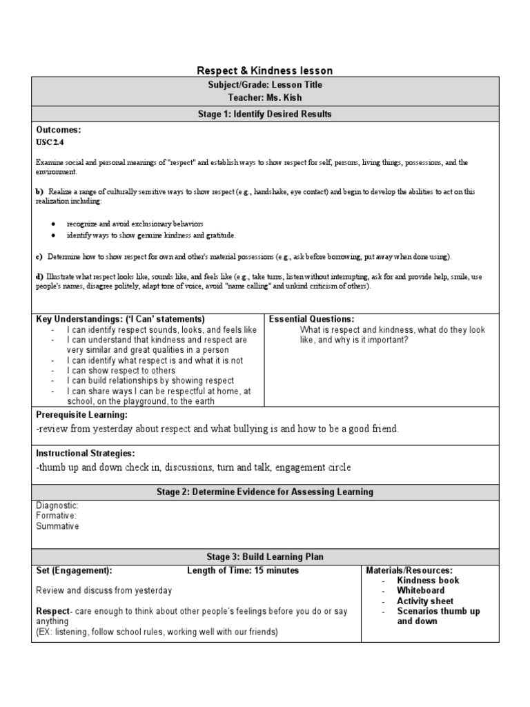 Respect & Kindness Lesson Plan | PDF | Learning | Behavior Modification
