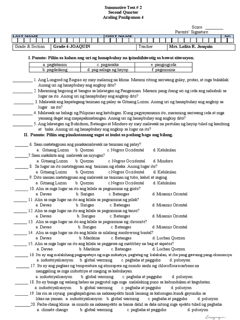 ST Araling-Panlipunan-4 Q2 | PDF