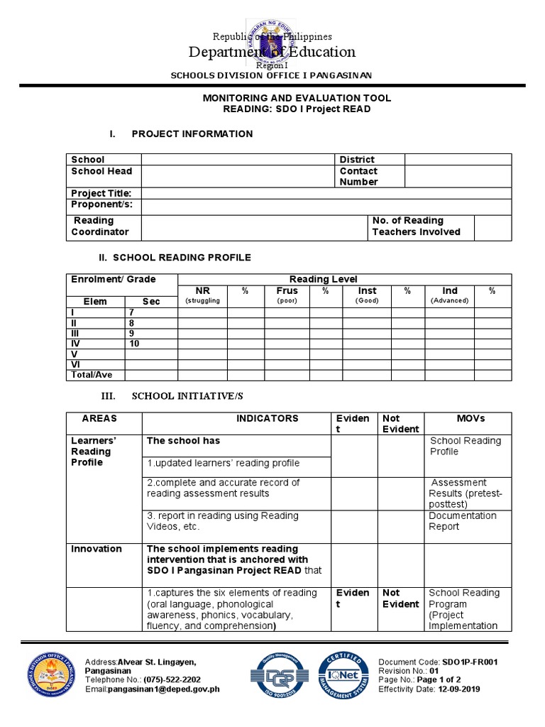Reading Monitoring and Evaluation Tool | PDF | Learning Methods | Education Theory
