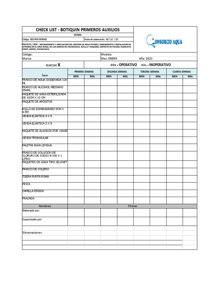 CHECK LIST BOTIQUIN PRIMERIOS AUXILIOS | PDF