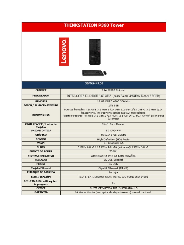 Thinkstation P360 Tower: Intel Core I7-12700K 3.60 GHZ (Hasta P-Core 4 ...