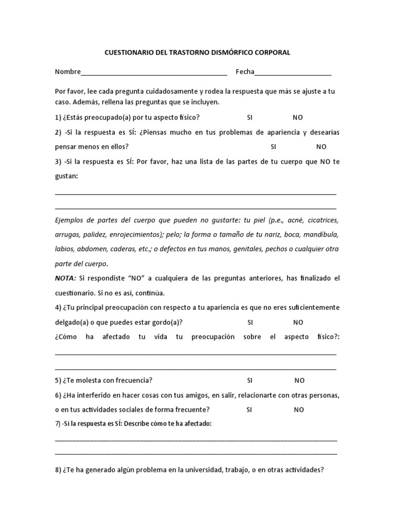 Cuestionario Del Trastorno Dismórfico Corporal | PDF | Mente | Sicología