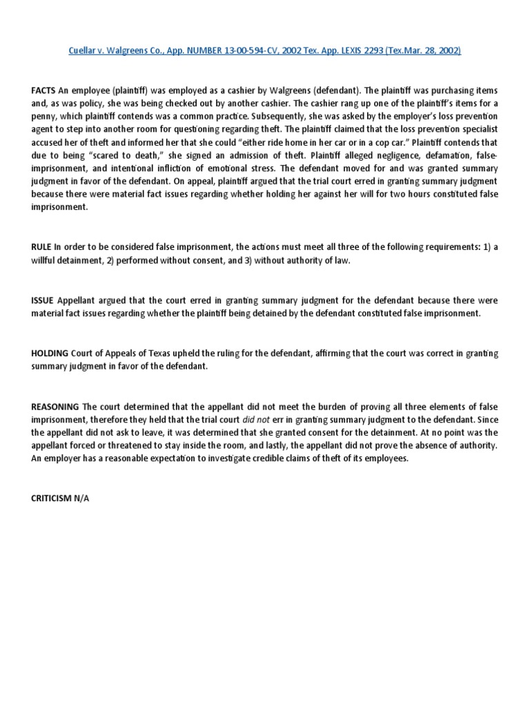 False Imprisonment Case: Cuellar v. Walgreens | PDF | Law