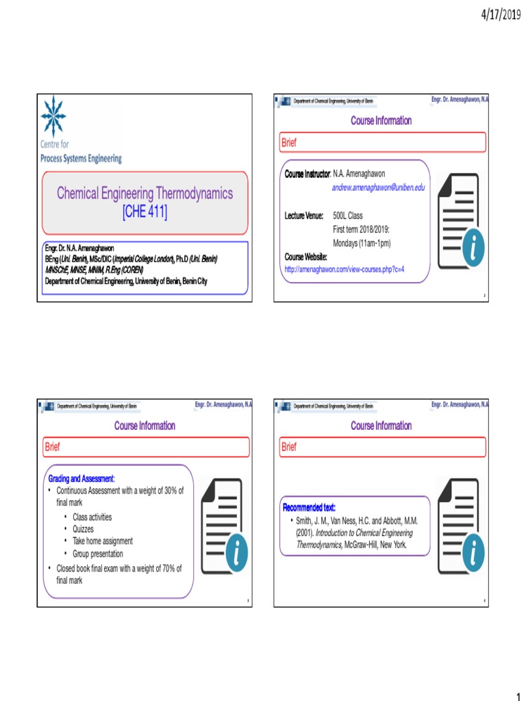 CHE 411 Note Set 1 | PDF | Thermodynamics | Heat
