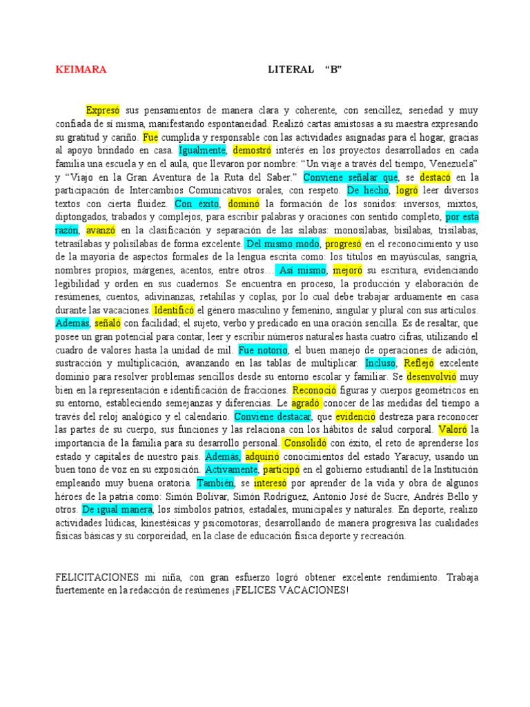 modelo boletin literal B de 2do grado | PDF | Lingüística