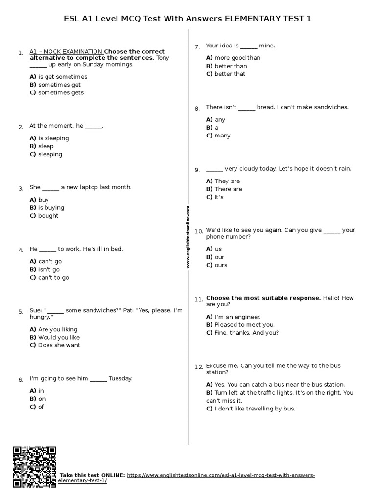 674 - Esl A1 Level MCQ Test With Answers Elementary Test 1 | PDF ...