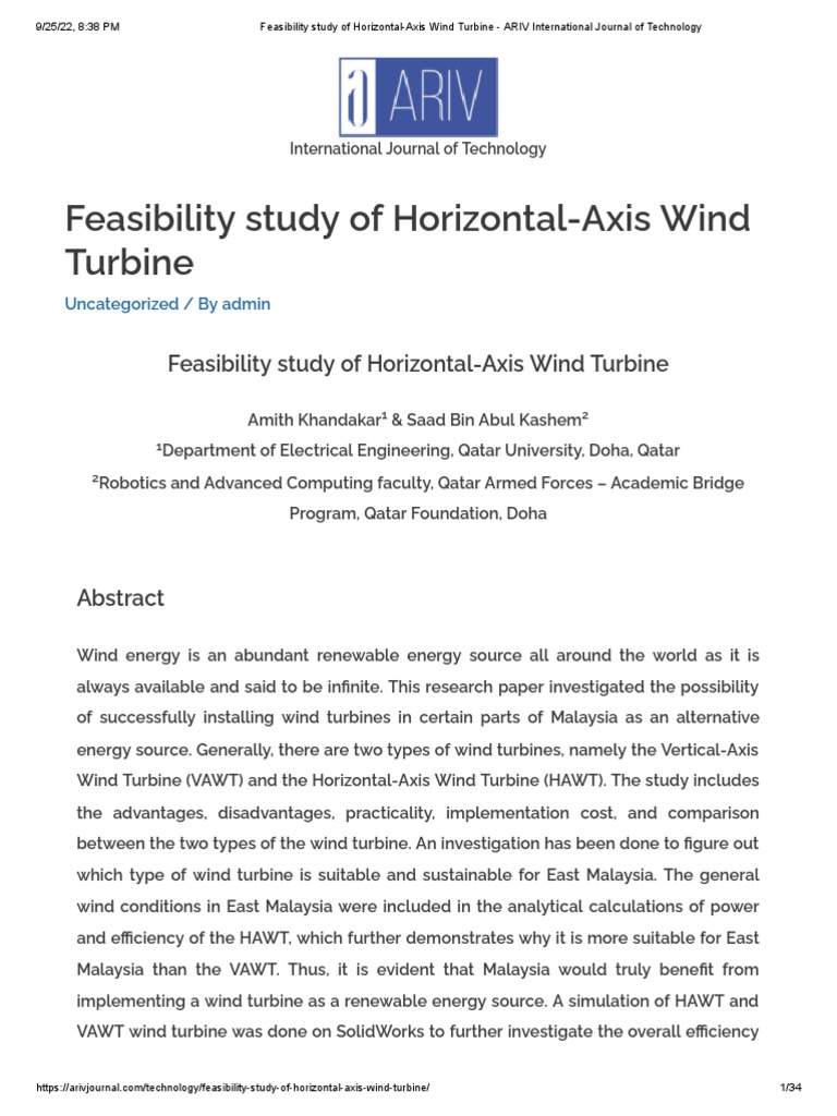 Feasibility Study of Horizontal-Axis Wind Turbine - ARIV International ...