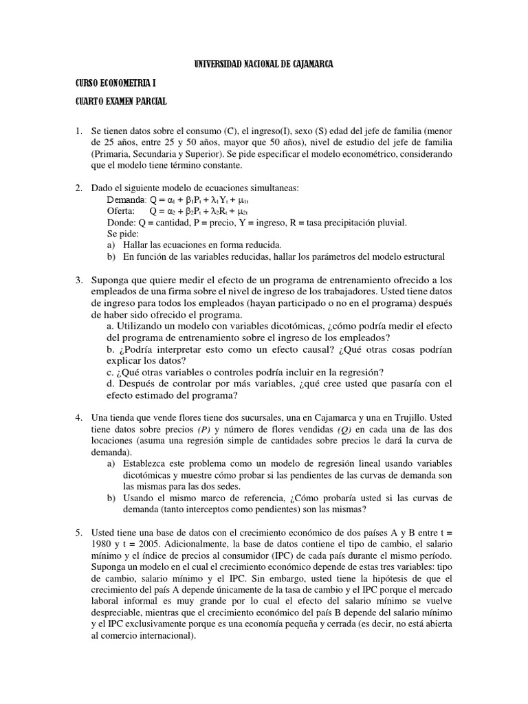 Examen de Econometria | PDF | Econometría | Economias