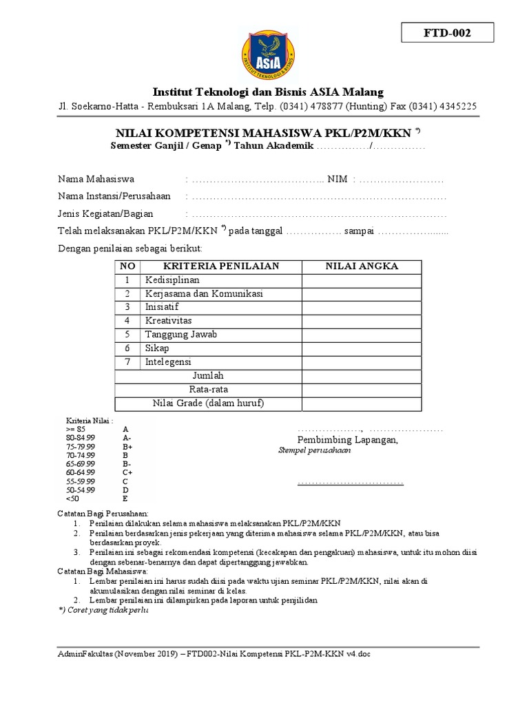 FTD002-Nilai Kompetensi PKL-P2M-KKN | PDF