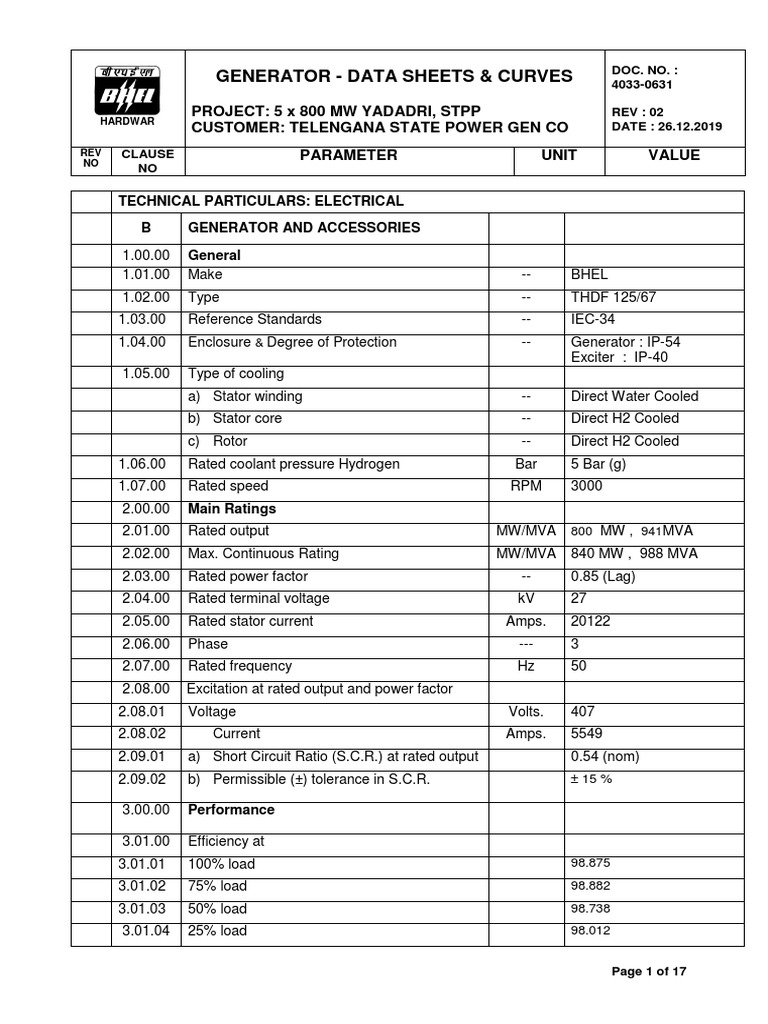 800MW Genrator Data Sheet | PDF | Electric Generator | Rectifier