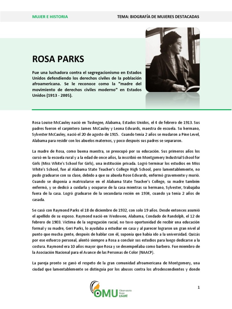Biografía de Rosa Parks: Lucha y Legado | PDF | Rosa Parks | Leyes de ...