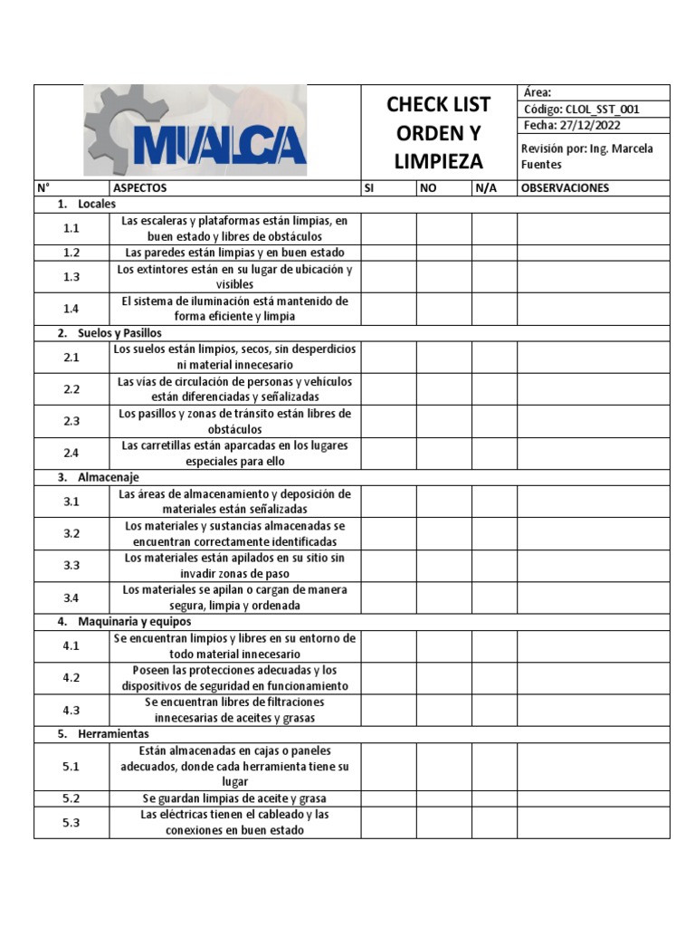 Check List Orden y Limpieza | PDF