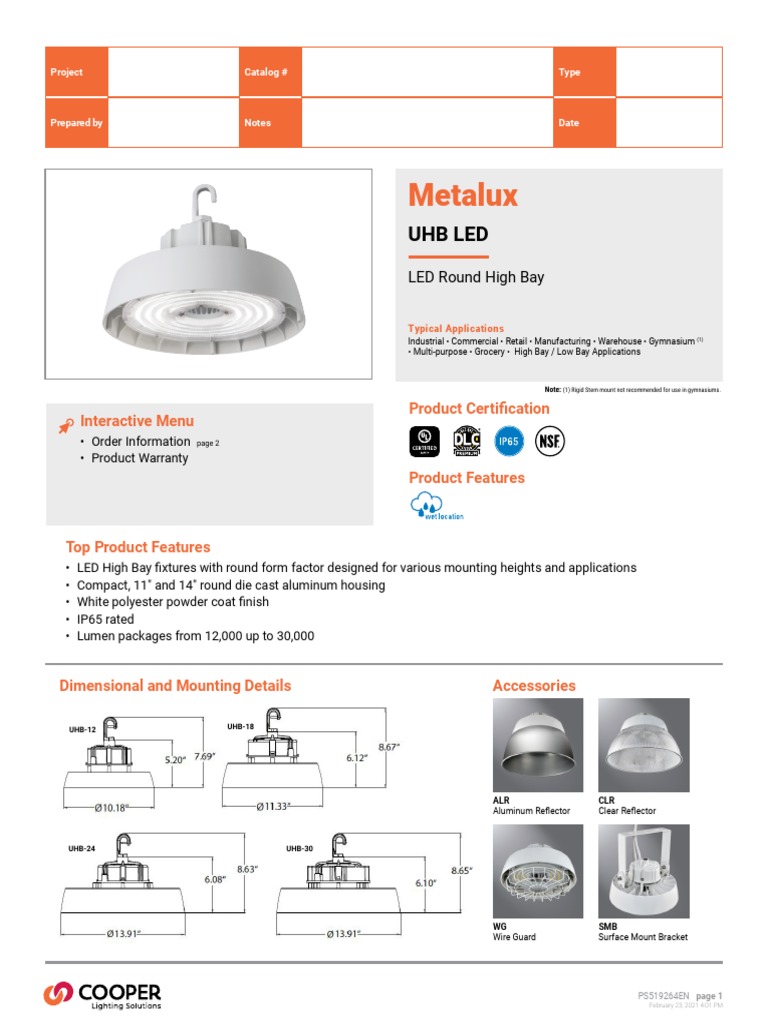 Metalux Uhb Round Led High Bay Specsheet | PDF | Light Emitting Diode | Electrical Components