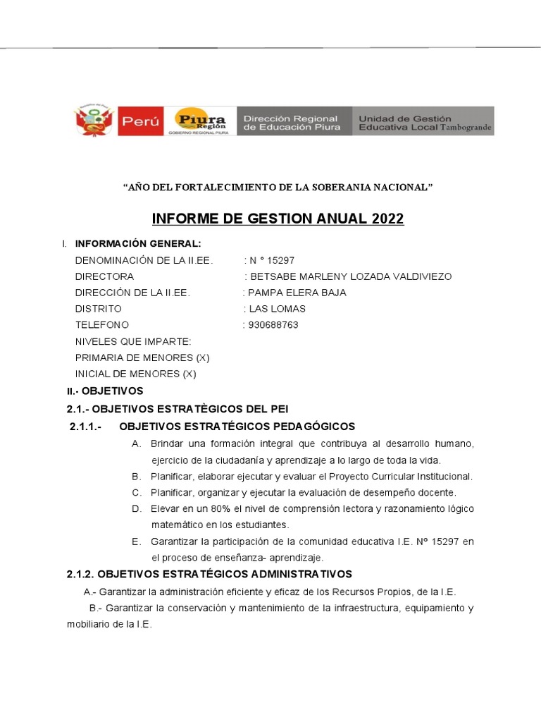 Informe de Gestion Anual 15297 2022 | Descargar gratis PDF | Evaluación | Maestros