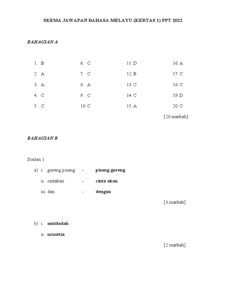 Skema Jawapan Bahasa Melayu (Kertas 1) PPT 2022 | PDF