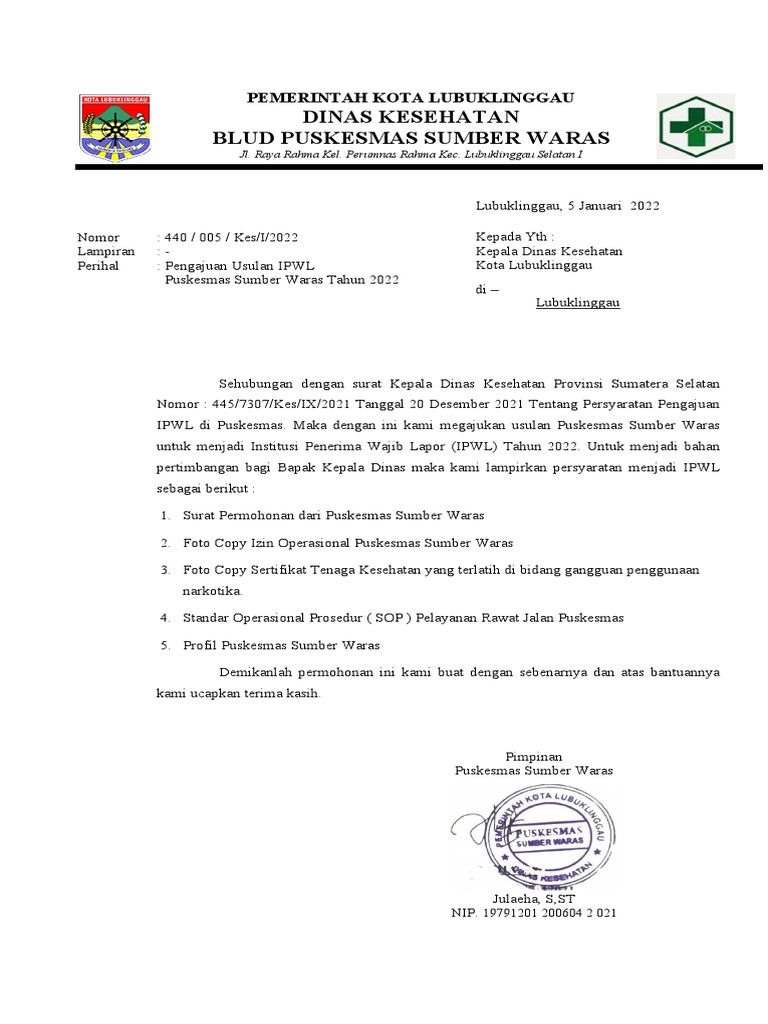 SURAT Usulan IPWL Sumber Waras 2022 | PDF