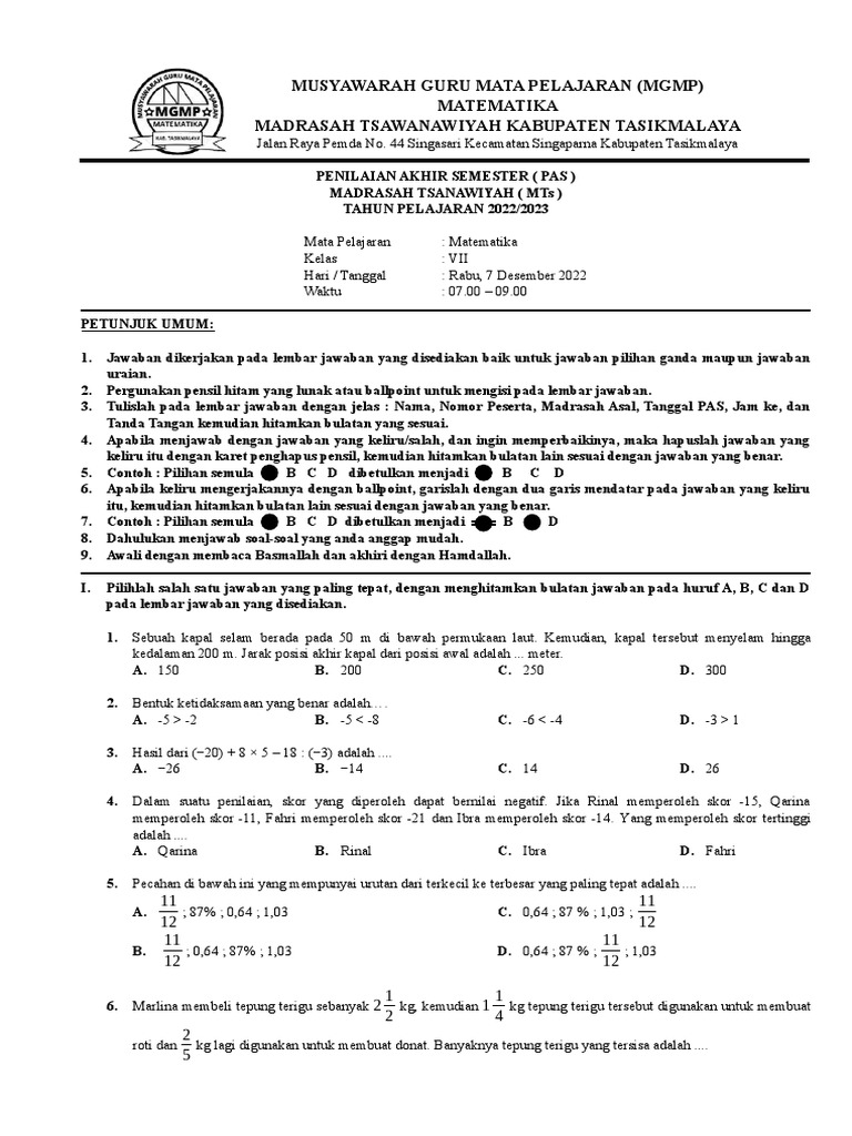 SOAL PAS MTK MTs 7 TP. 2022-2023 | PDF