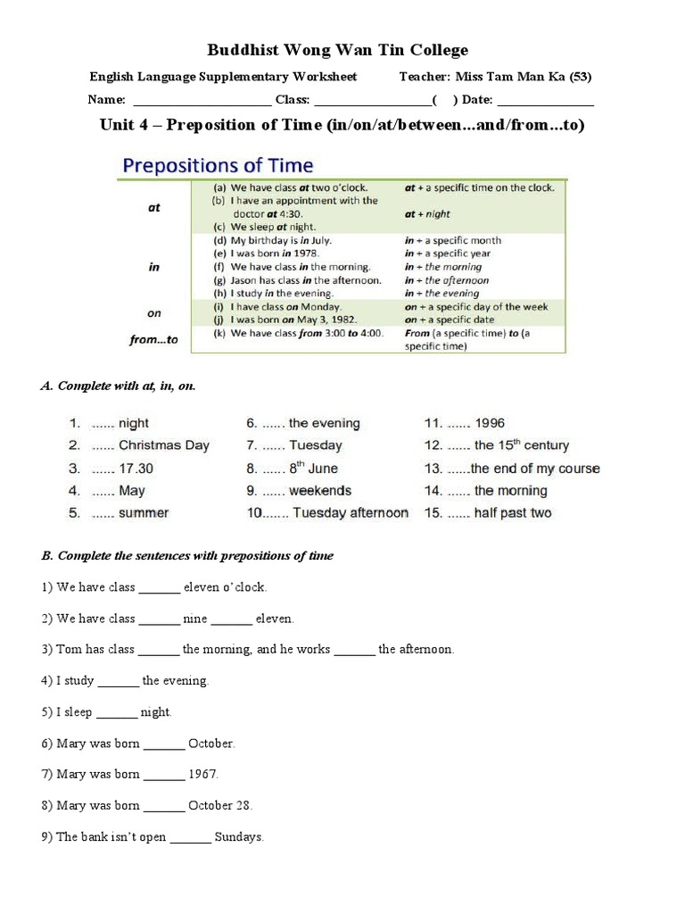 Unit 4 - Preposition of Time | PDF