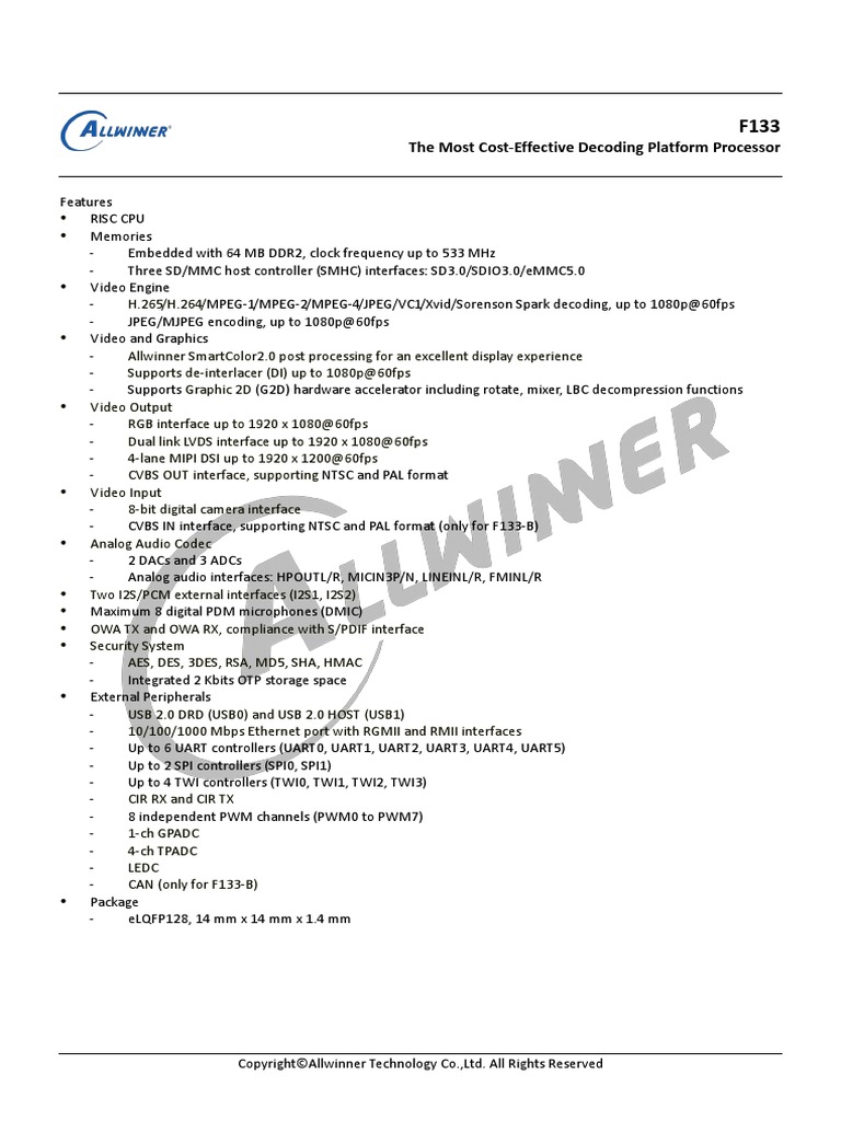 f133 Datasheet v1.2 | PDF | Central Processing Unit | Digital To Analog Converter