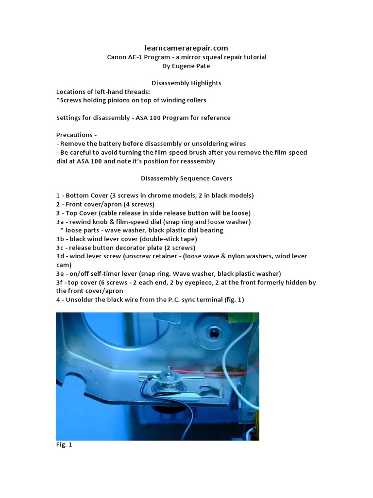 Canon AE-1 Repair Guide: Disassembly Steps | PDF | Optical Devices ...