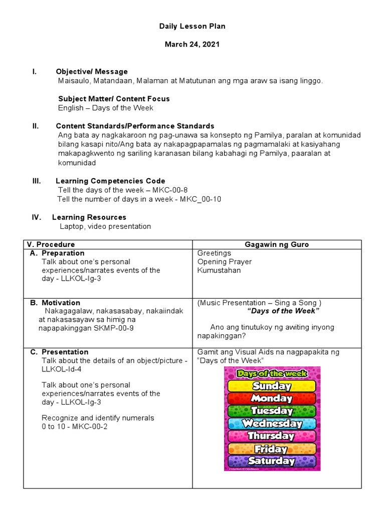 DLP (Days of the Week) 1st COT.docx · version 1 | PDF
