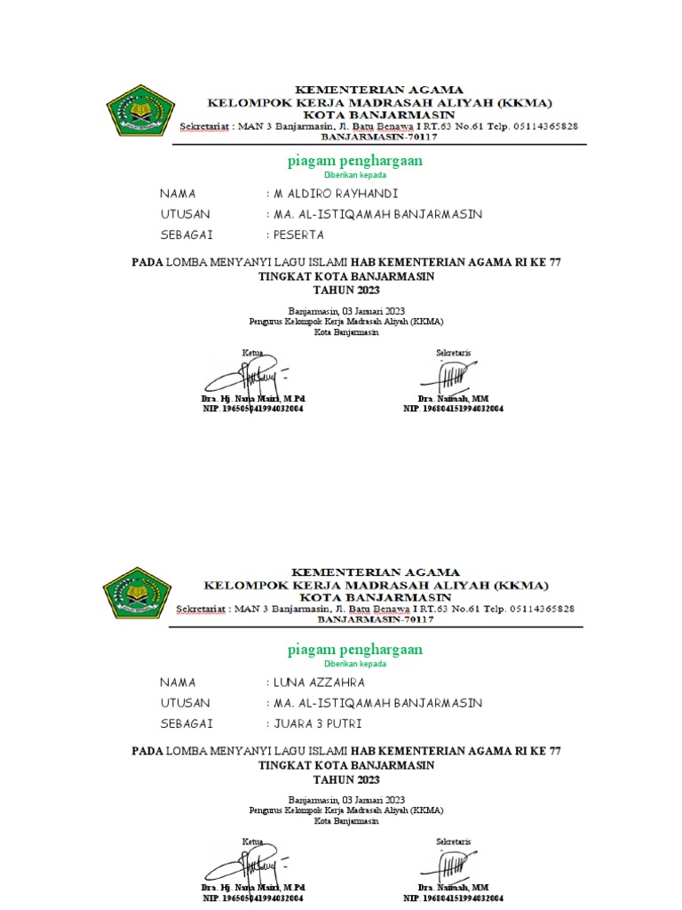 Piagam Lomba Nyanyi | PDF