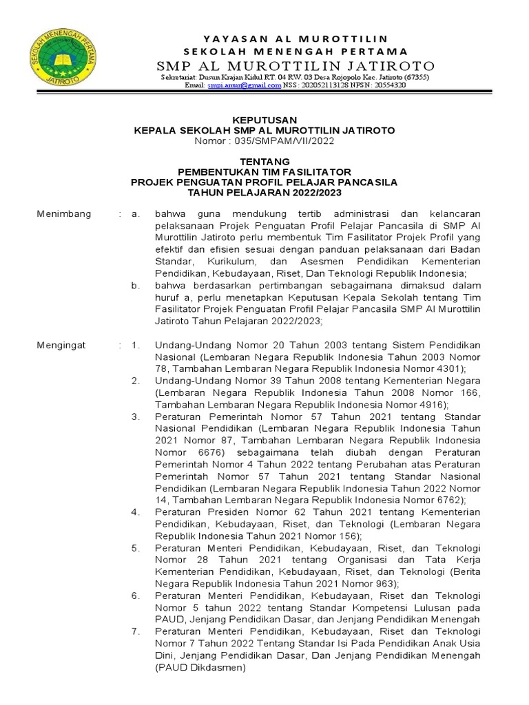 SK Tim Proyek Penguatan Profil Pelajar Pancasila 20221 | PDF