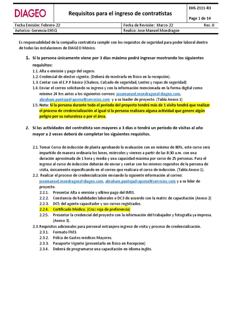EHS-2111-R3 Requisitos para El Ingreso de Contratistas. | PDF | Negocios | Tecnología