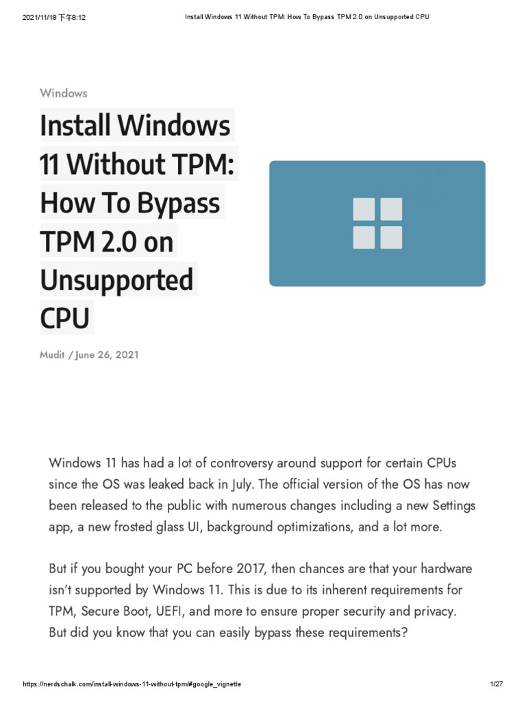 Install Windows 11 Without TPM - How To Bypass TPM 2.0 On Unsupported CPU | PDF | Windows ...
