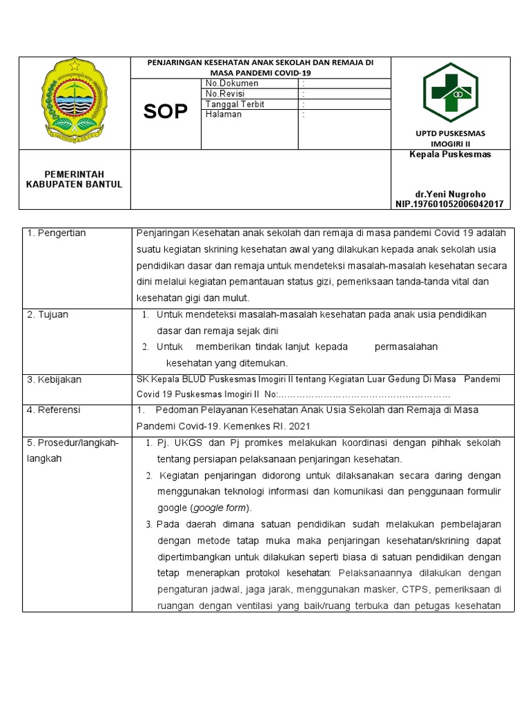 Sop Penjaringan Kesehatan Anak Sekolah Dan Remaja Di Masa Pandemi Covid | PDF