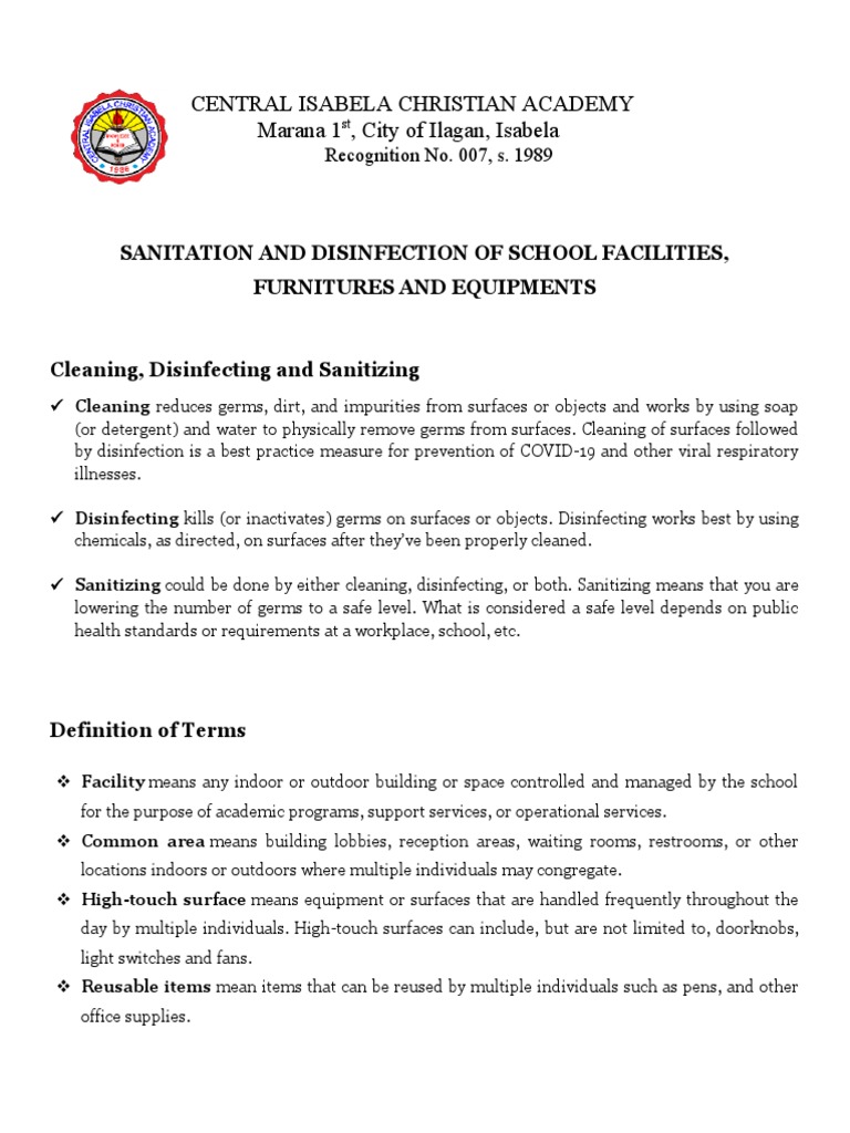 Schedule of Sanitation and Disinfection of School Facilities | PDF ...