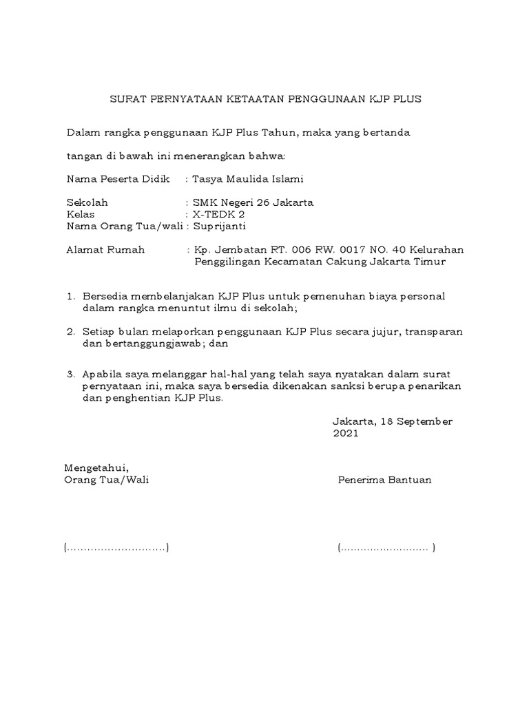 Surat Pernyataan KJP Plus | PDF