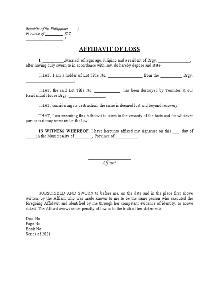 Affidavit of Loss of Land Title Sample | PDF