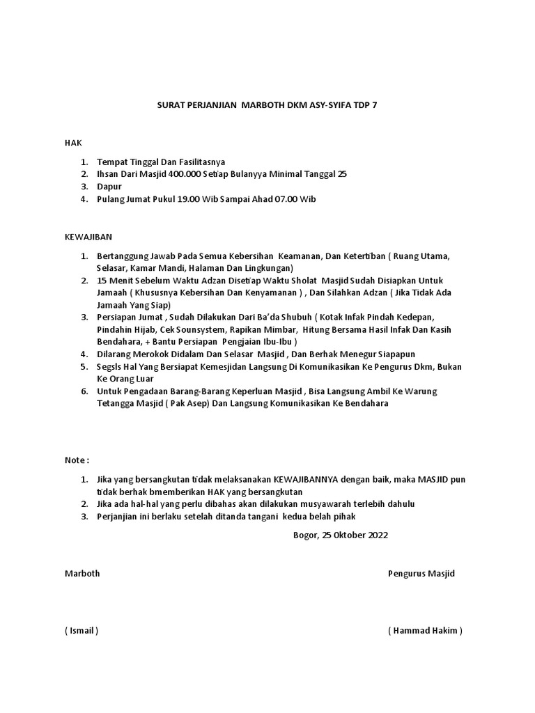 SURAT PERJANJIAN MARBOTH DKM ASY Syifa | PDF