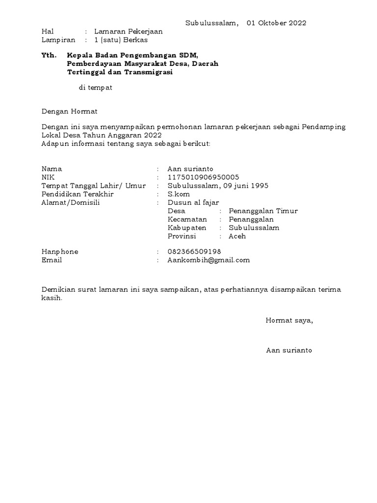 Contoh Surat Pendamping Lokal Desa (PLD) Tahun Anggaran 2022 | PDF