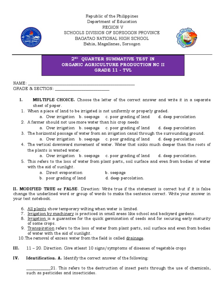 2nd Quarter Summative Test in Organic Agriculture Production NC II ...