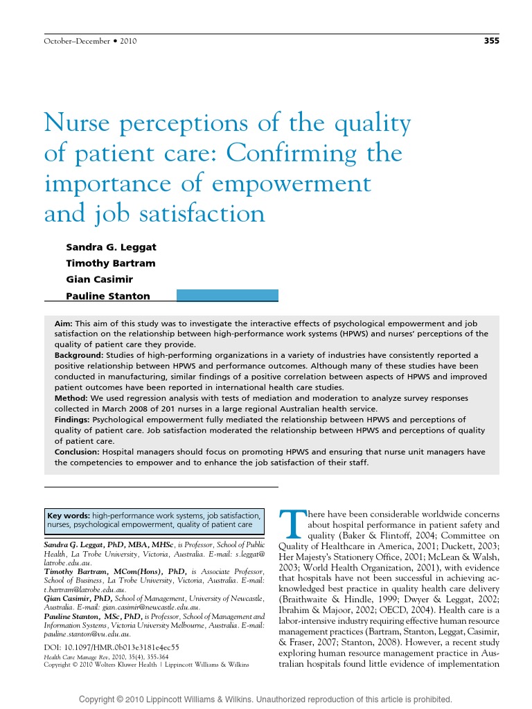 HCMR 2010 Nurseperceptionsofthequalityofpatientcare | PDF | Nursing ...