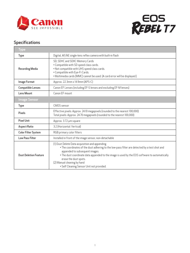 Canon Eos Rebel t7 Specifications Chart | PDF | Autofocus | Exposure (Photography)