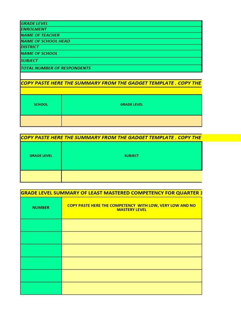 Class Summary Template Per Subject Grade Level Section Subject Quarter ...