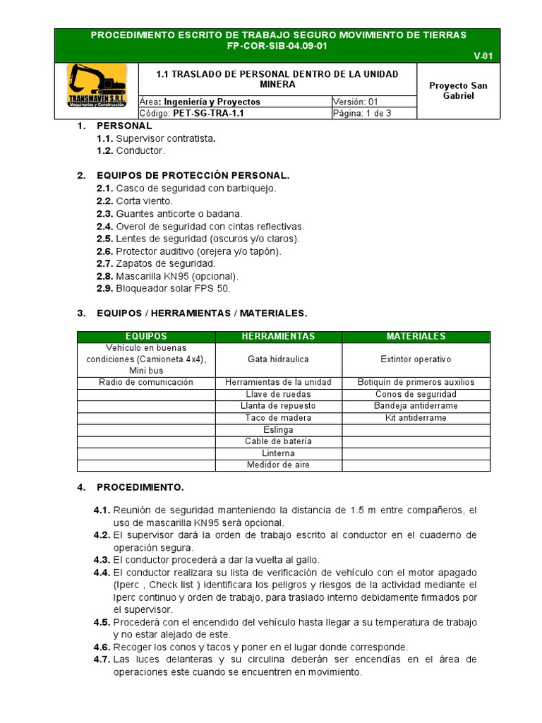 PET-SG-TRA-1.1 Traslado de Personal Dentro La Unidad | PDF | Ingeniería ...
