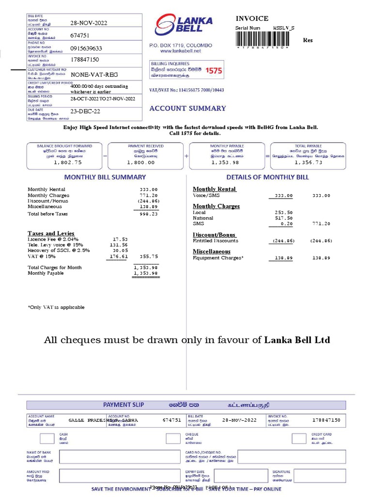All Cheques Must Be Drawn Only in Favour of Lanka Bell LTD: Invoice ...