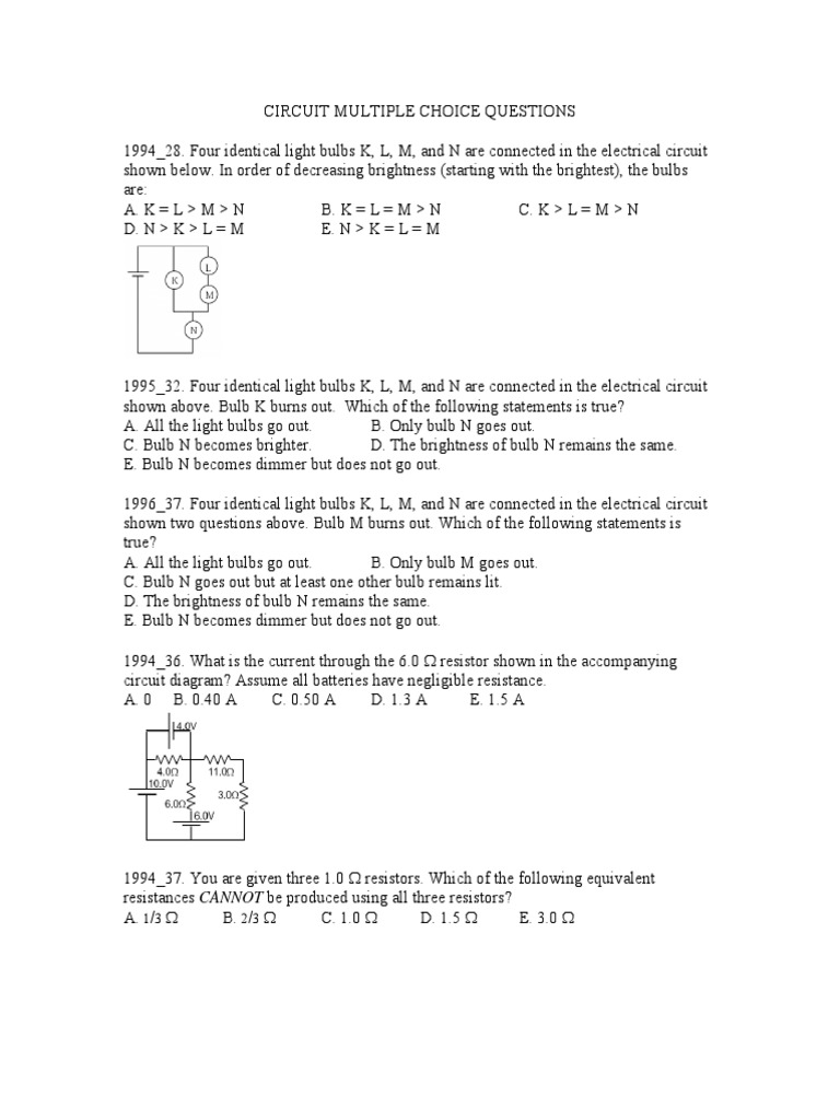 Circuits Multiple Choice | PDF | Series And Parallel Circuits | Resistor