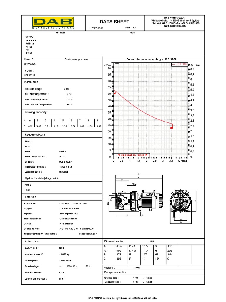 Data Sheet JET 102 M | PDF | Pump | Fluid Dynamics