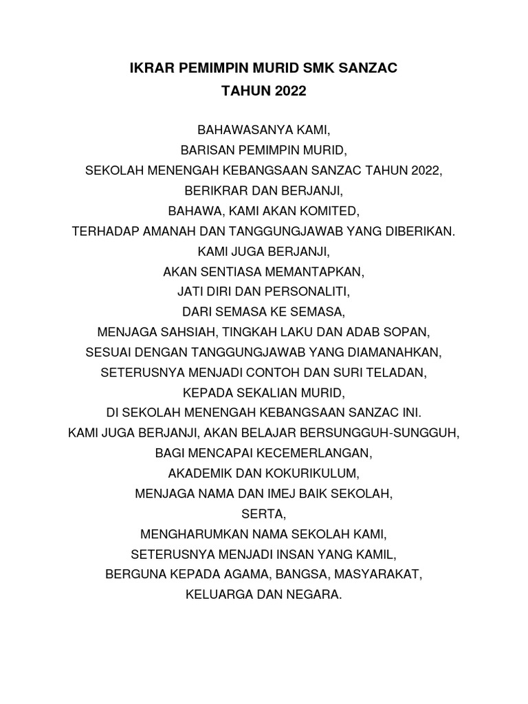 Ikrar Pemimpin Murid SMK Sanzac 2022 | PDF | Kesehatan Holistik | Agama ...