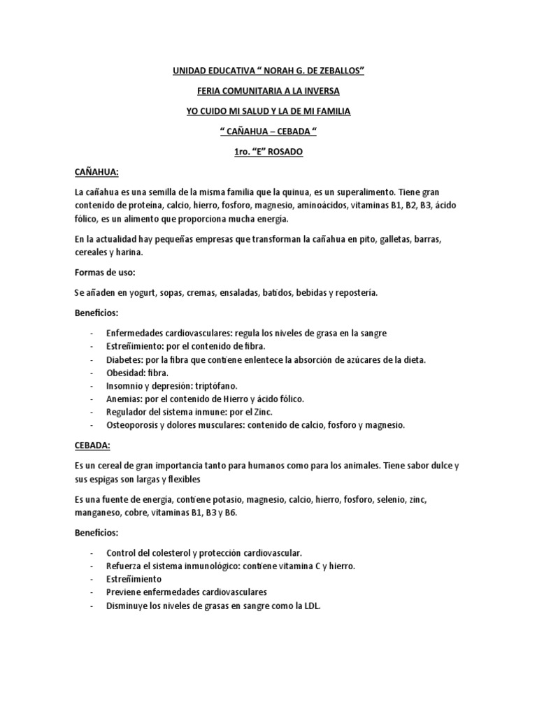 Beneficios de Cañahua y Cebada | PDF | Salud y bienestar