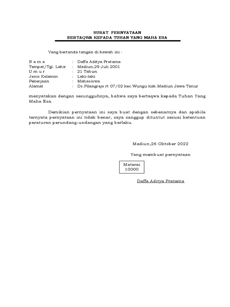 Contoh Surat Pernyataan | PDF