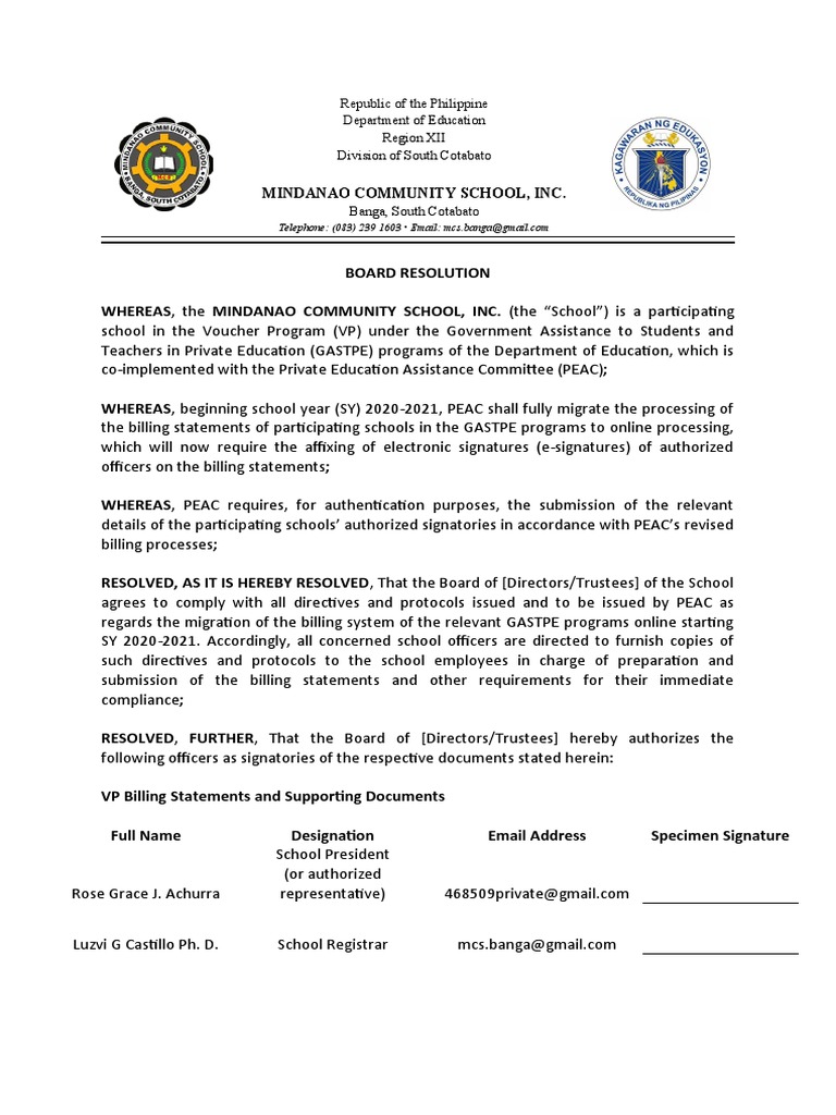 Board Resolution On Assigning Signatories in The Voucher Program | PDF ...