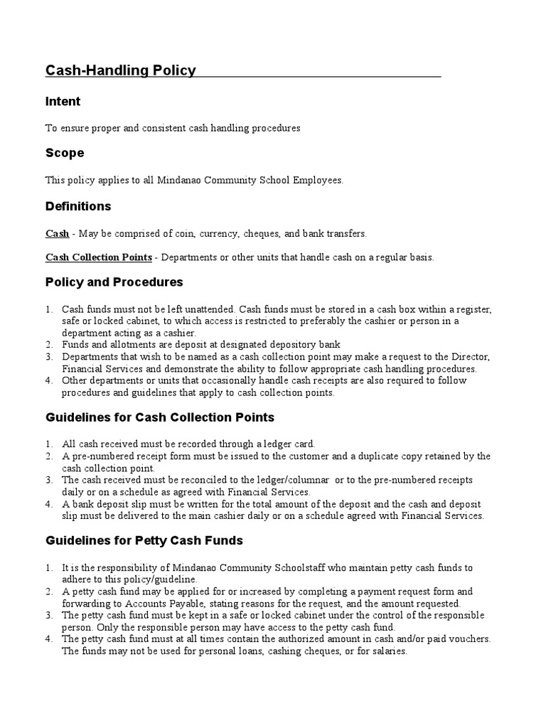 Cashier Policy | PDF | Cash | Banks